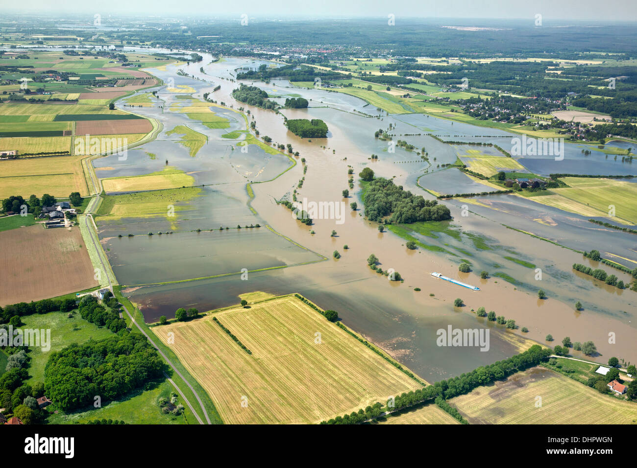 Netherlands, Brummen. IJssel river. Flood plains. Flooded land. Cargo ...