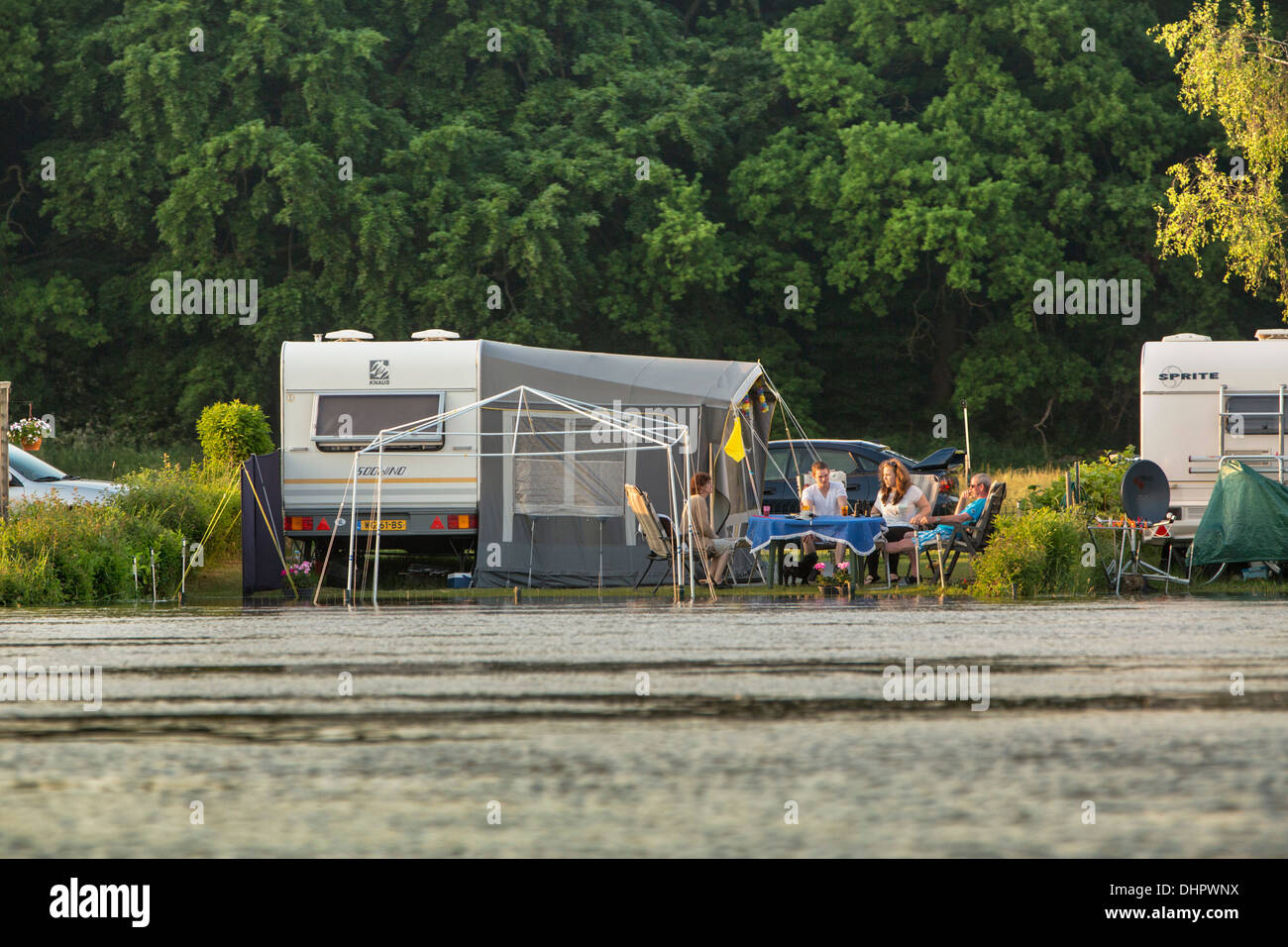 Netherlands, Olst, IJssel river. Camping site, situated in the flood ...