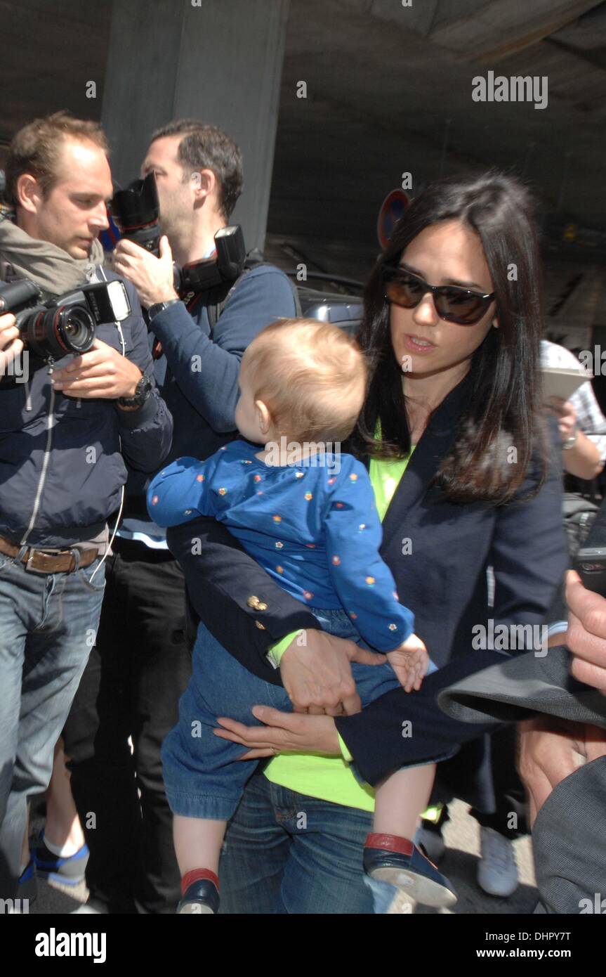 Jennifer Connolly and daughter Agnes Bettany arriving at Nice Airport ...
