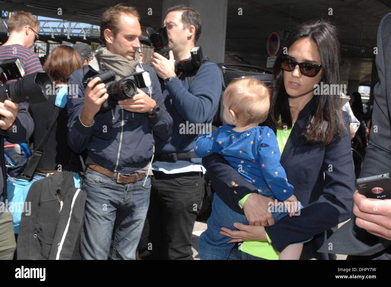 Jennifer Connolly and daughter Agnes Bettany arriving at Nice Airport ...