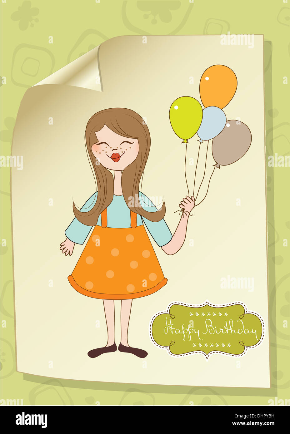 Funny girl with balloon, birthday greeting card Stock Photo - Alamy