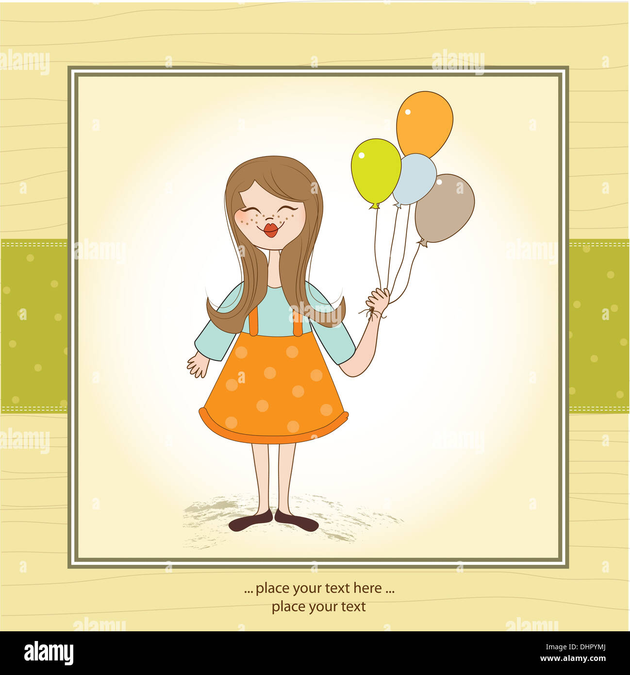 Funny girl with balloon, birthday greeting card Stock Photo - Alamy