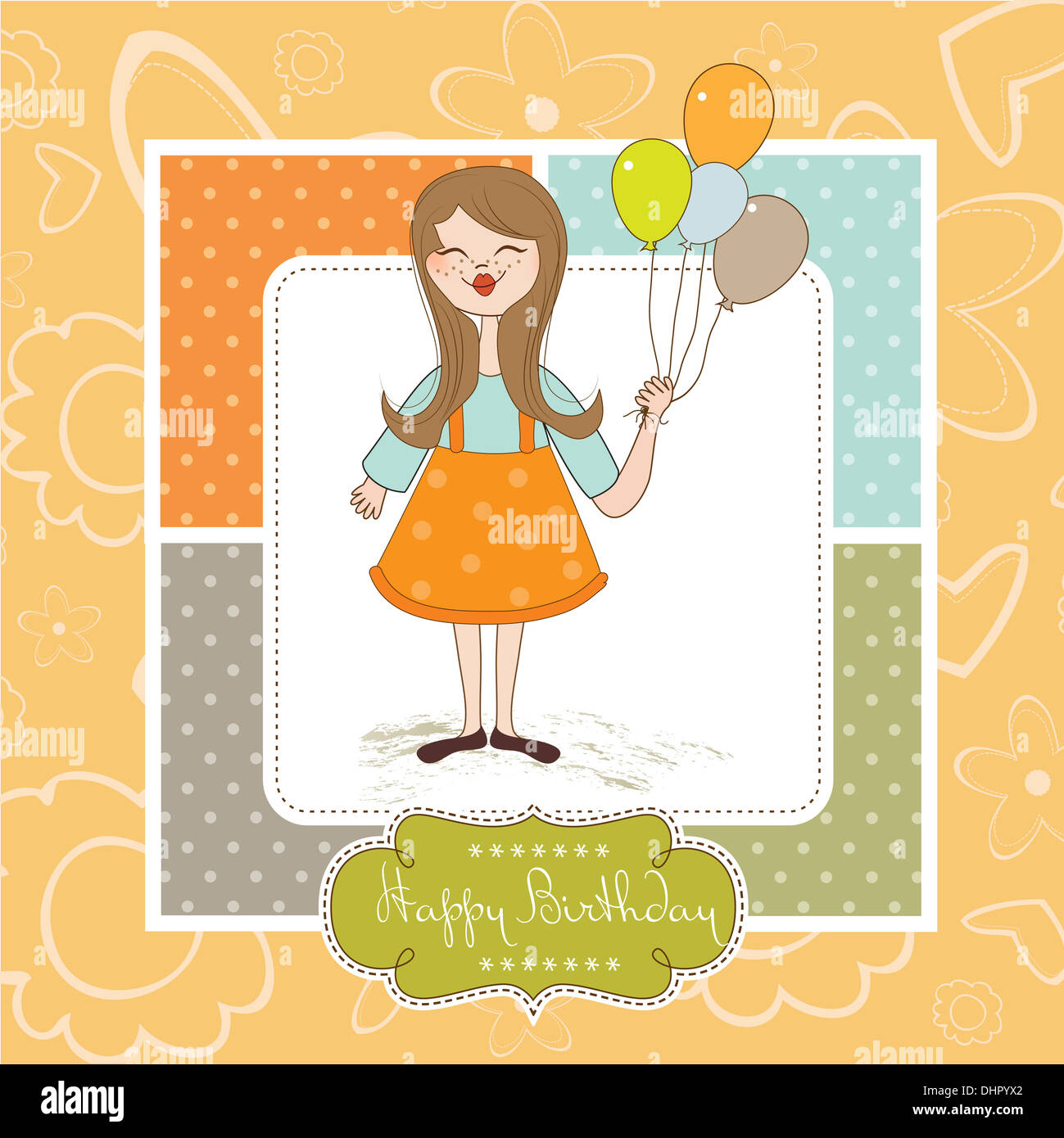 Funny girl with balloon, birthday greeting card Stock Photo - Alamy