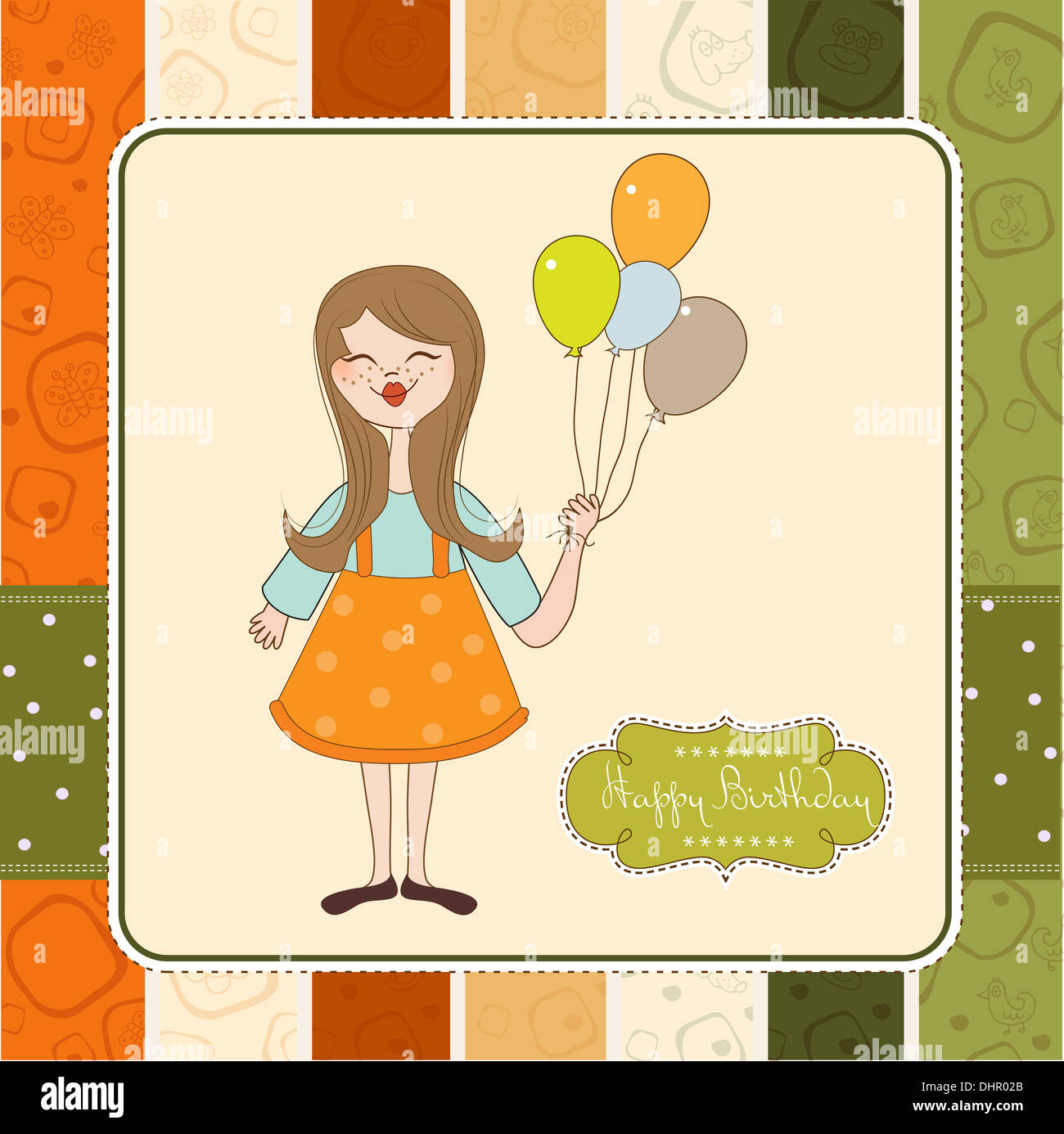 Funny girl with balloon, birthday greeting card Stock Photo - Alamy