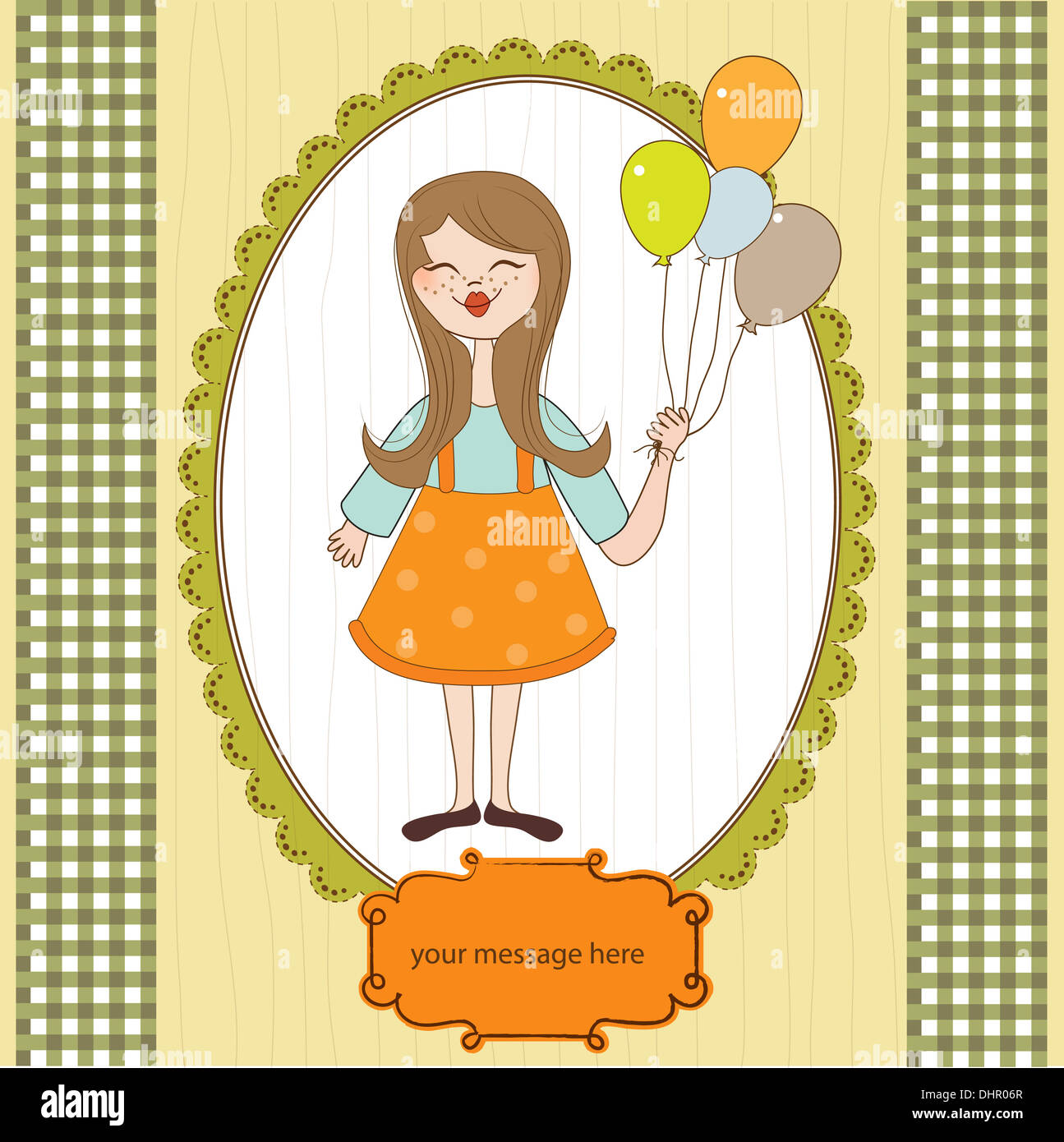 Funny girl with balloon, birthday greeting card Stock Photo - Alamy