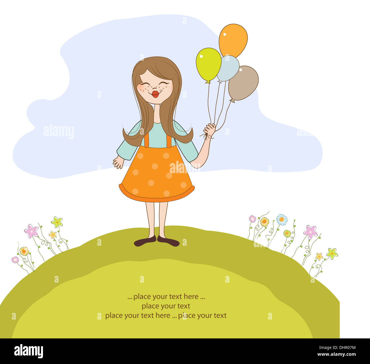 Funny girl with balloon, birthday greeting card Stock Photo - Alamy