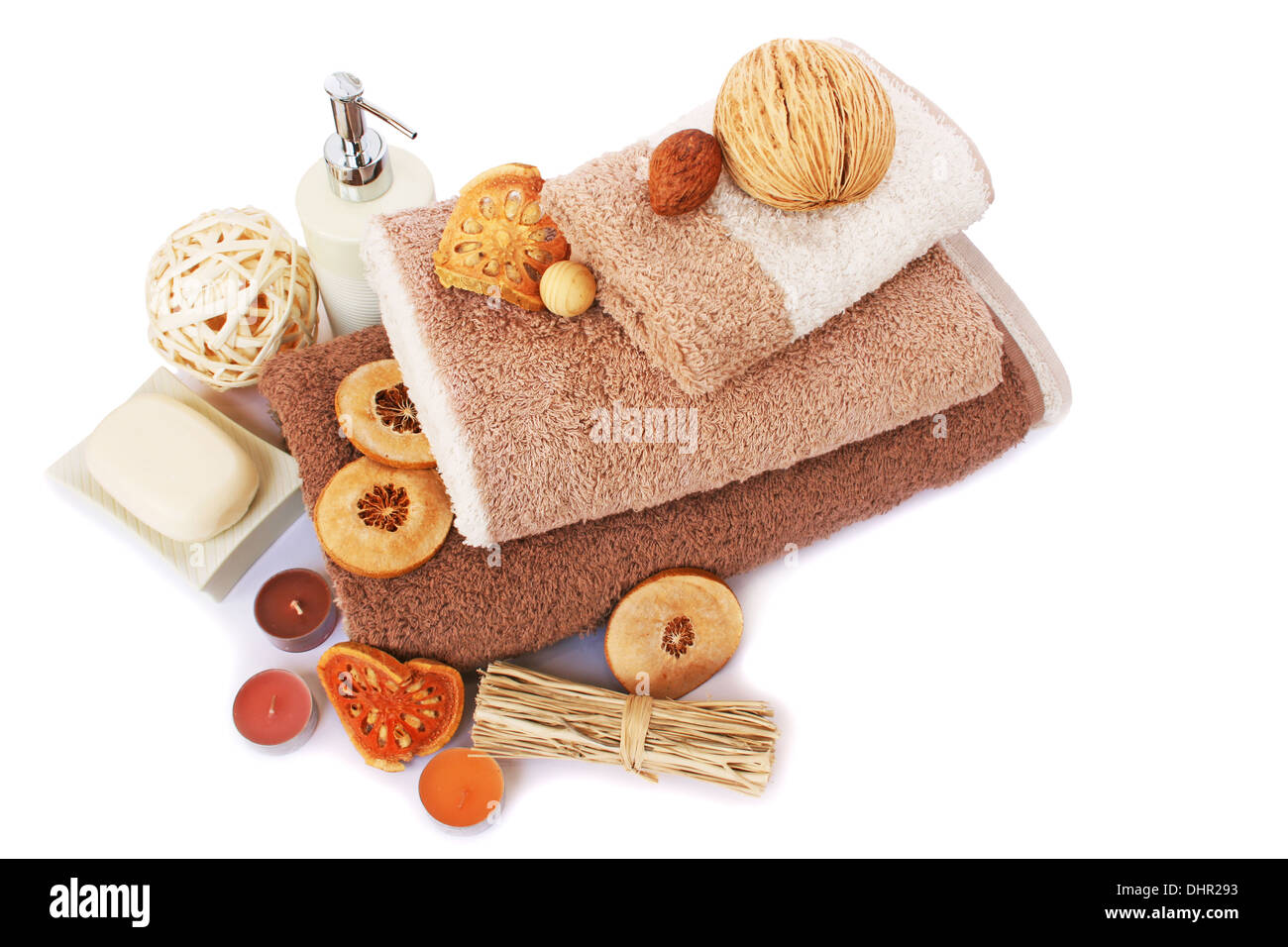 Towels and spa set isolated on white background Stock Photo - Alamy