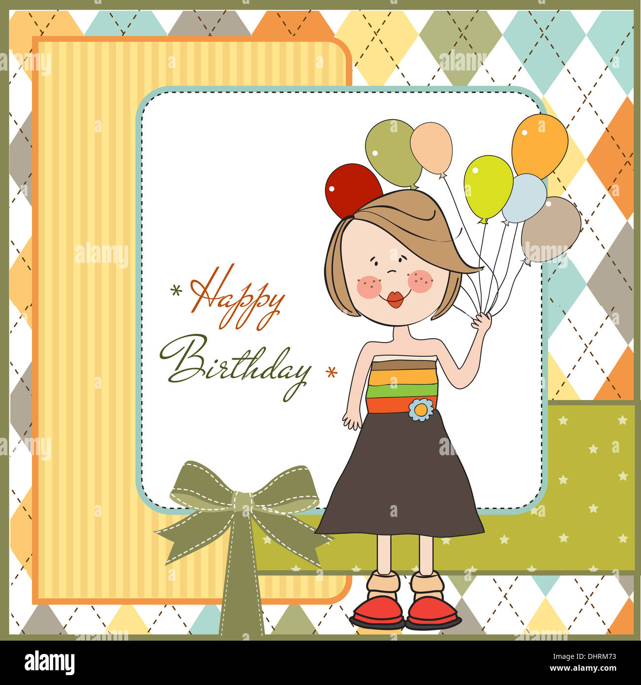 Funny girl with balloon, birthday greeting card Stock Photo - Alamy