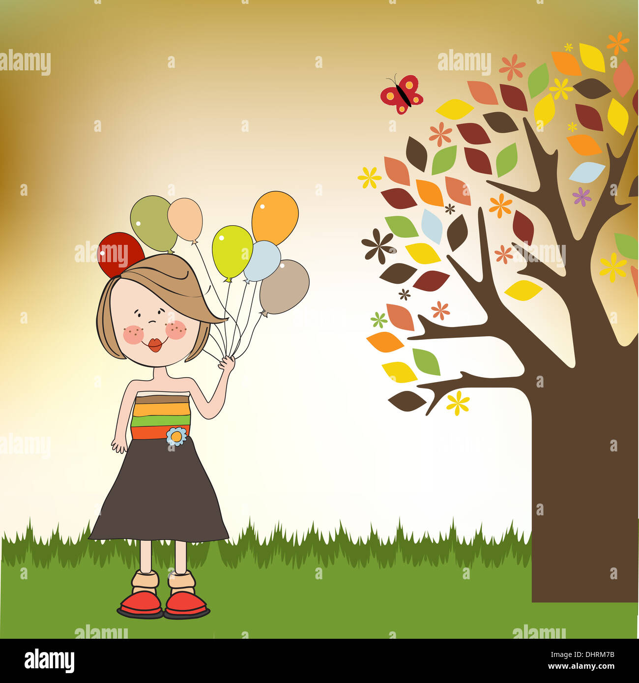 Funny girl with balloon, birthday greeting card Stock Photo - Alamy