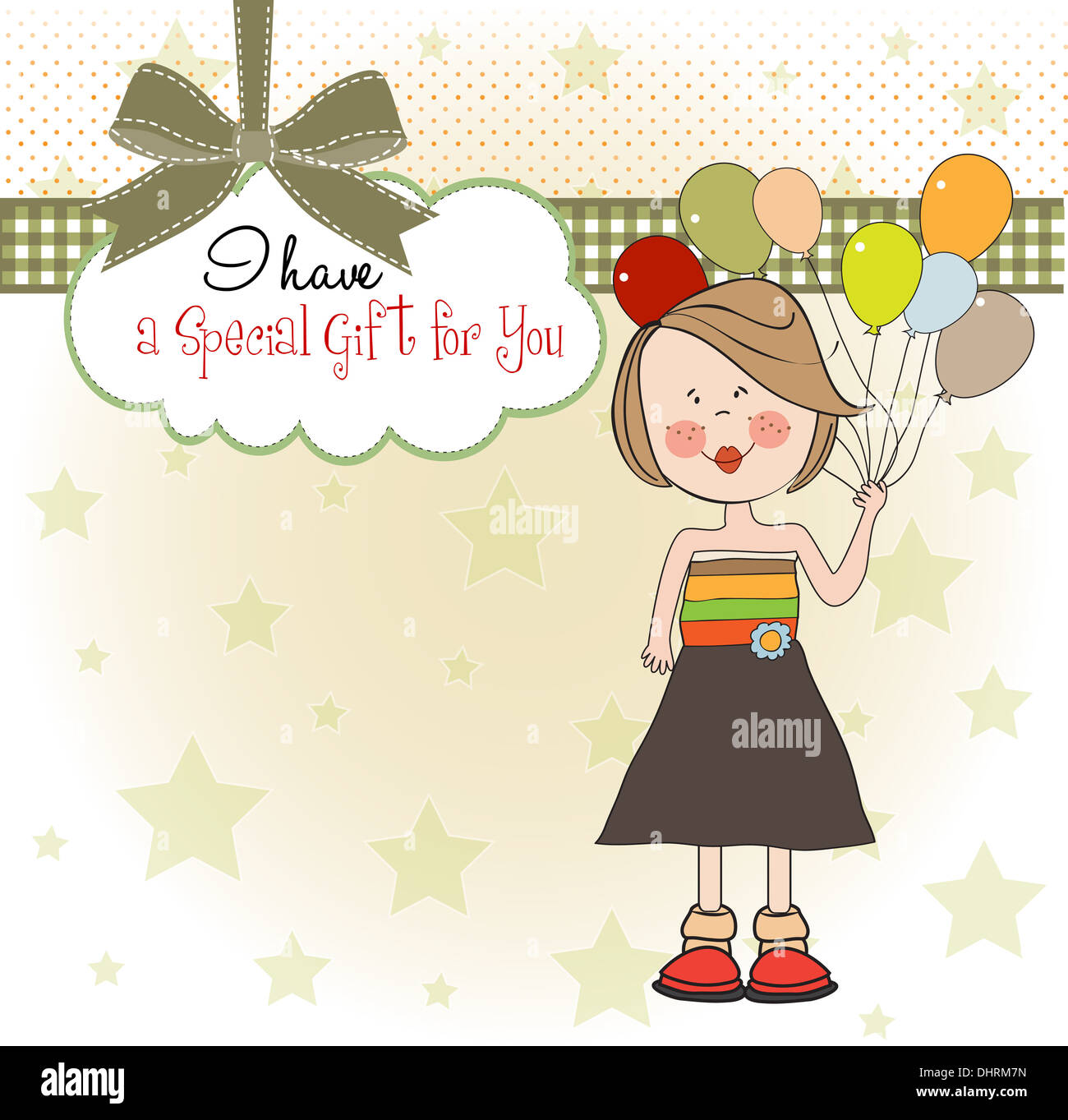 Funny girl with balloon, birthday greeting card Stock Photo - Alamy