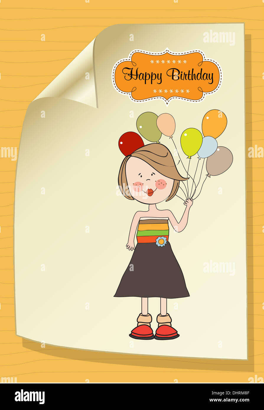 Funny girl with balloon, birthday greeting card Stock Photo - Alamy