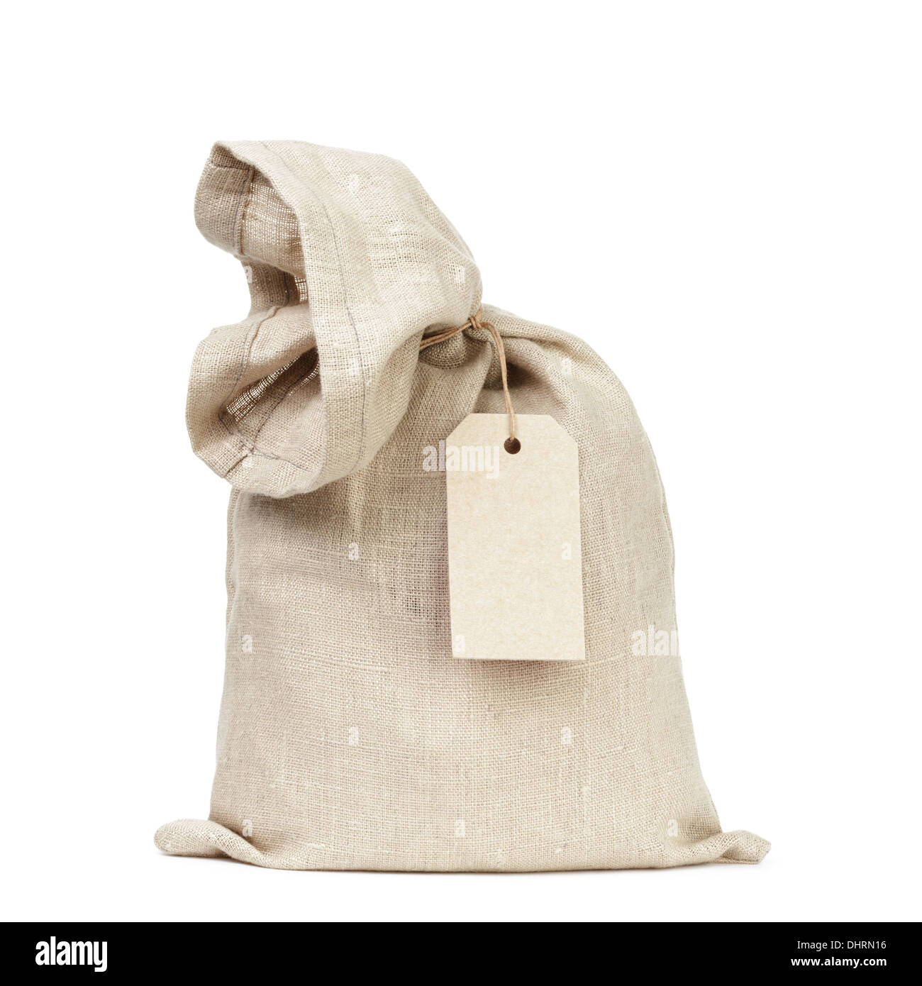 tied sack bag with paper tag, isolated on white Stock Photo - Alamy