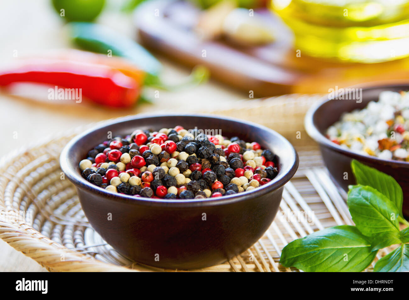 Colorful dried pepper in a wood bowl Stock Photo - Alamy