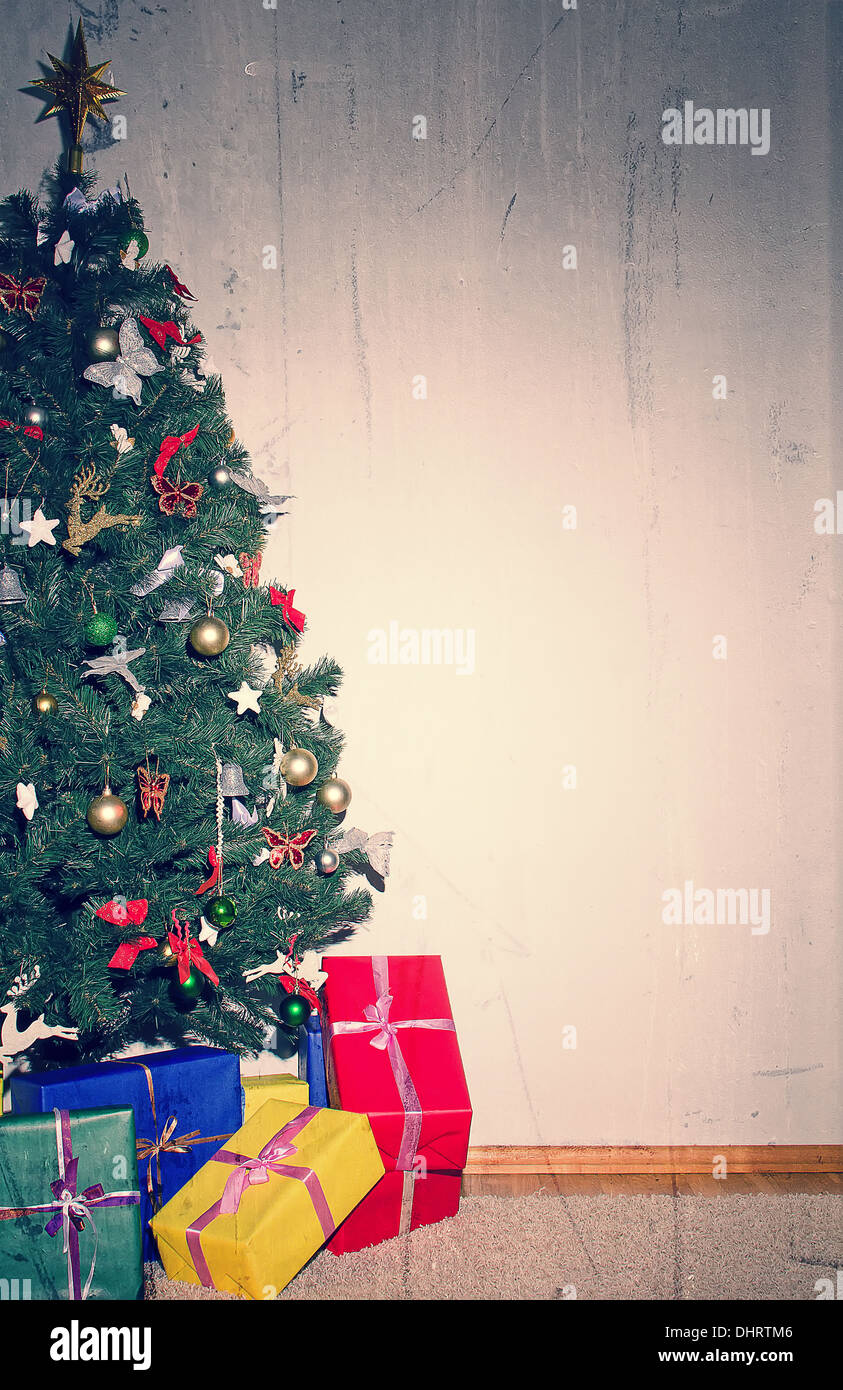Christmas tree with gifts. Place for your text Stock Photo - Alamy