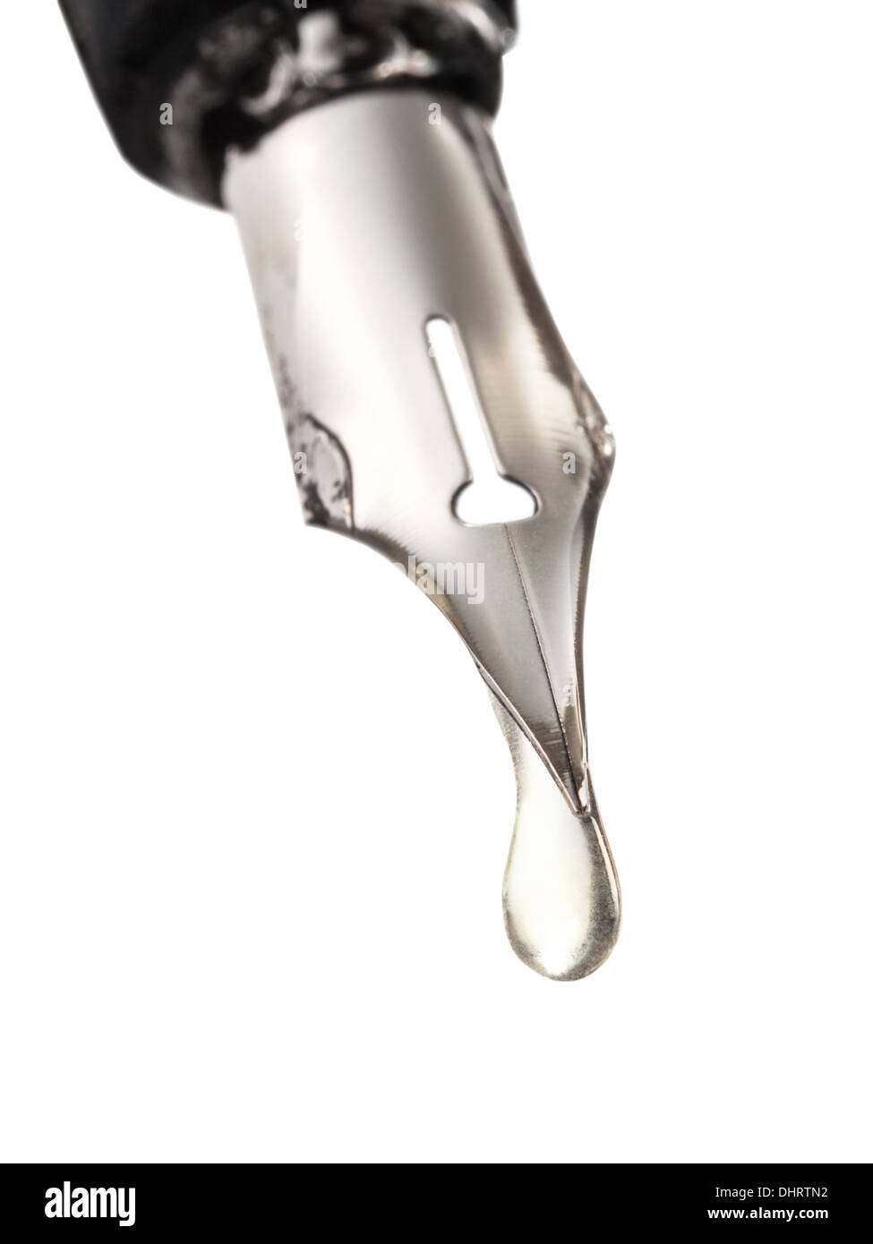 transparent water drop dripping from the nib of pen isolated on white ...