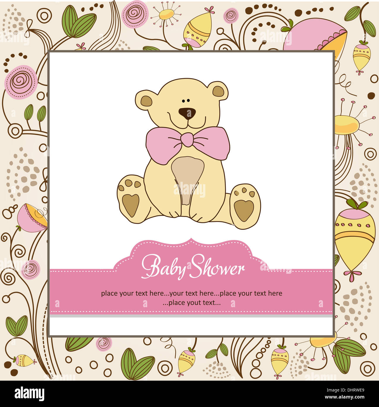 baby shower card with teddy bear toy, vector illustration Stock Photo ...