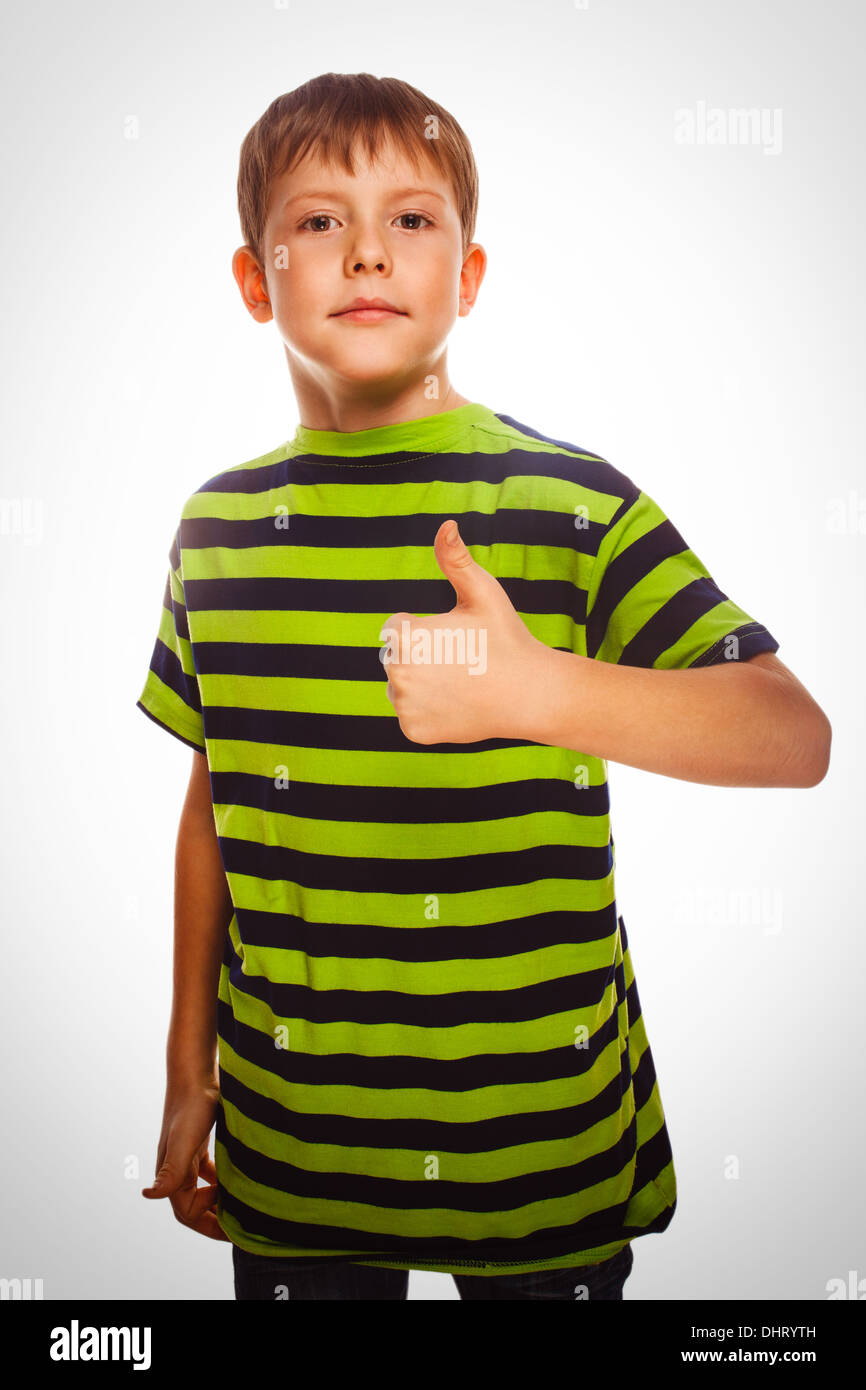 blond child toddler boy striped shirt, holding his fingers up, showing ...