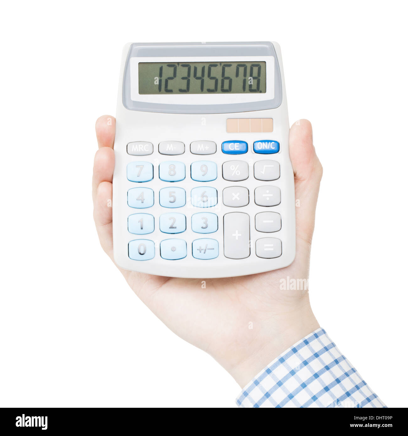 Male hand holding calculator on white background Stock Photo - Alamy