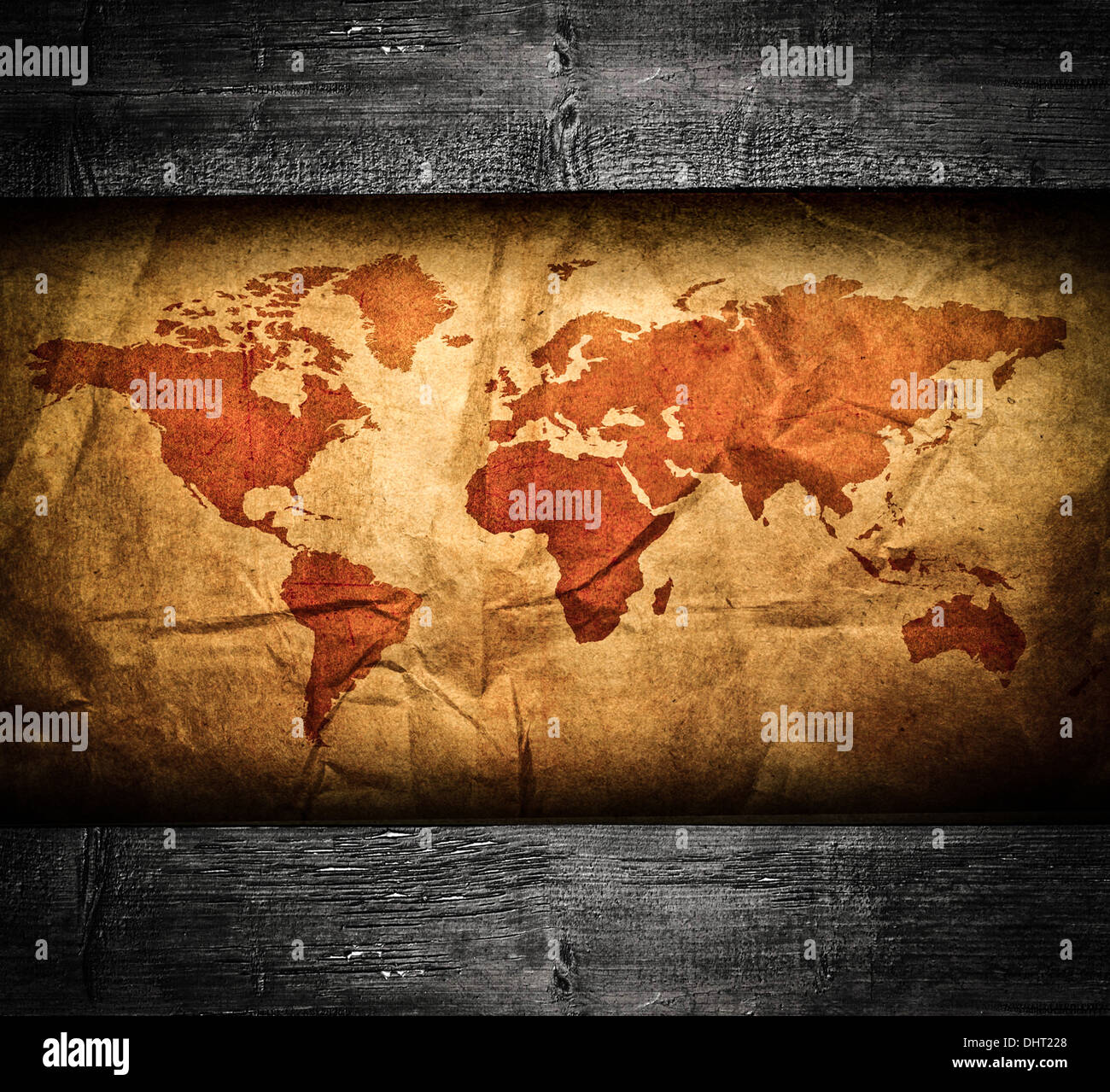 Antique world map in grunge wooden frame Stock Photo - Alamy