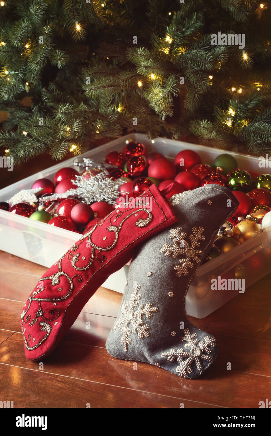 Stockings and ornaments ready to decorate the Christmas tree Stock ...