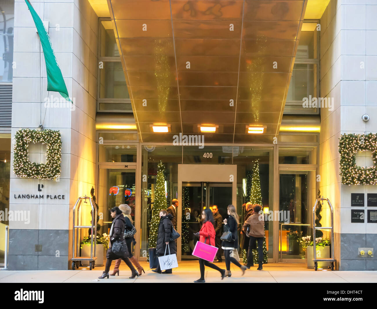 Entrance, Langham Place Hotel, Holiday Season, Fifth Avenue, NYC, USA ...