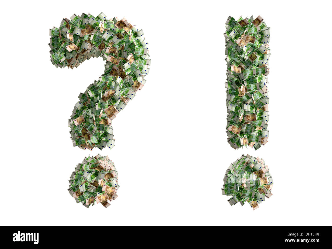 Question mark "?" and exclamation mark "!" made from Euro banknotes ...
