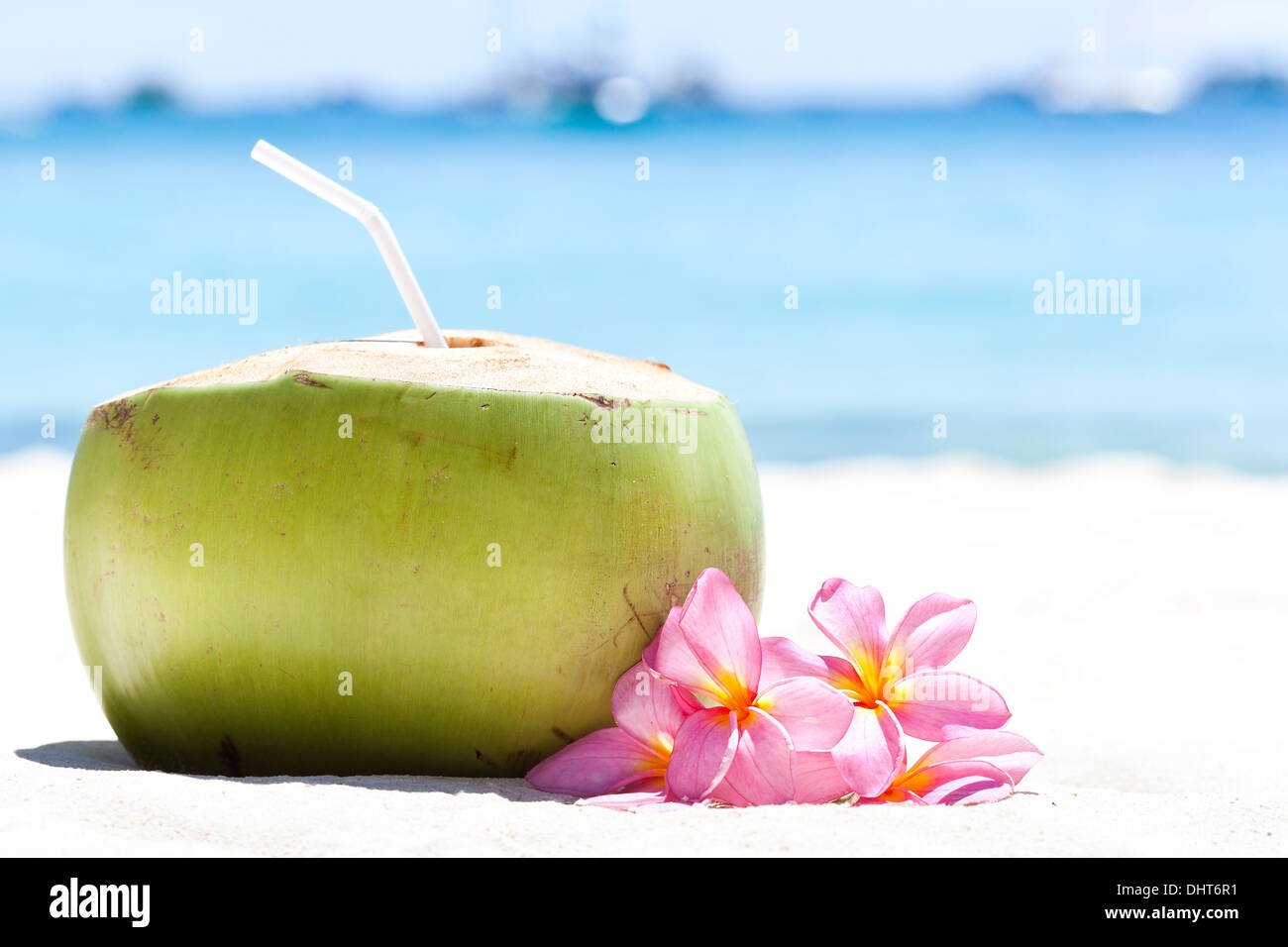 Tropical fresh coconut cocktail decorated plumeria on white beach Stock ...