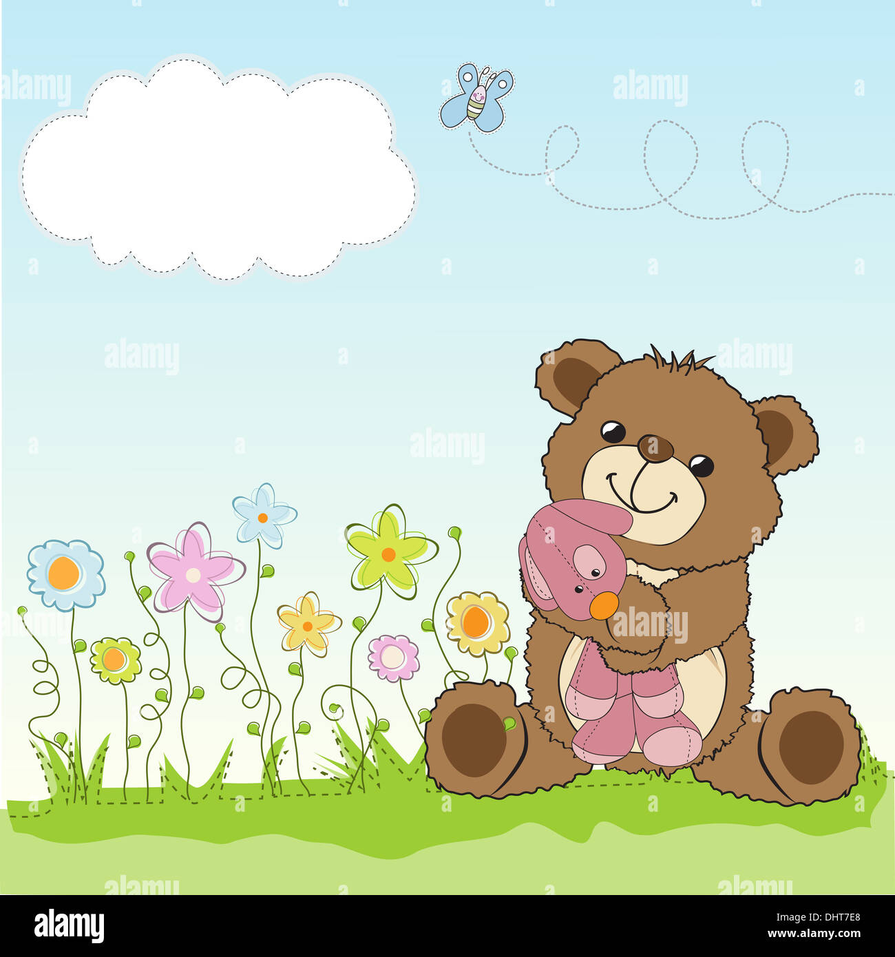 childish greeting card with teddy bear and his toy, vector illustration ...