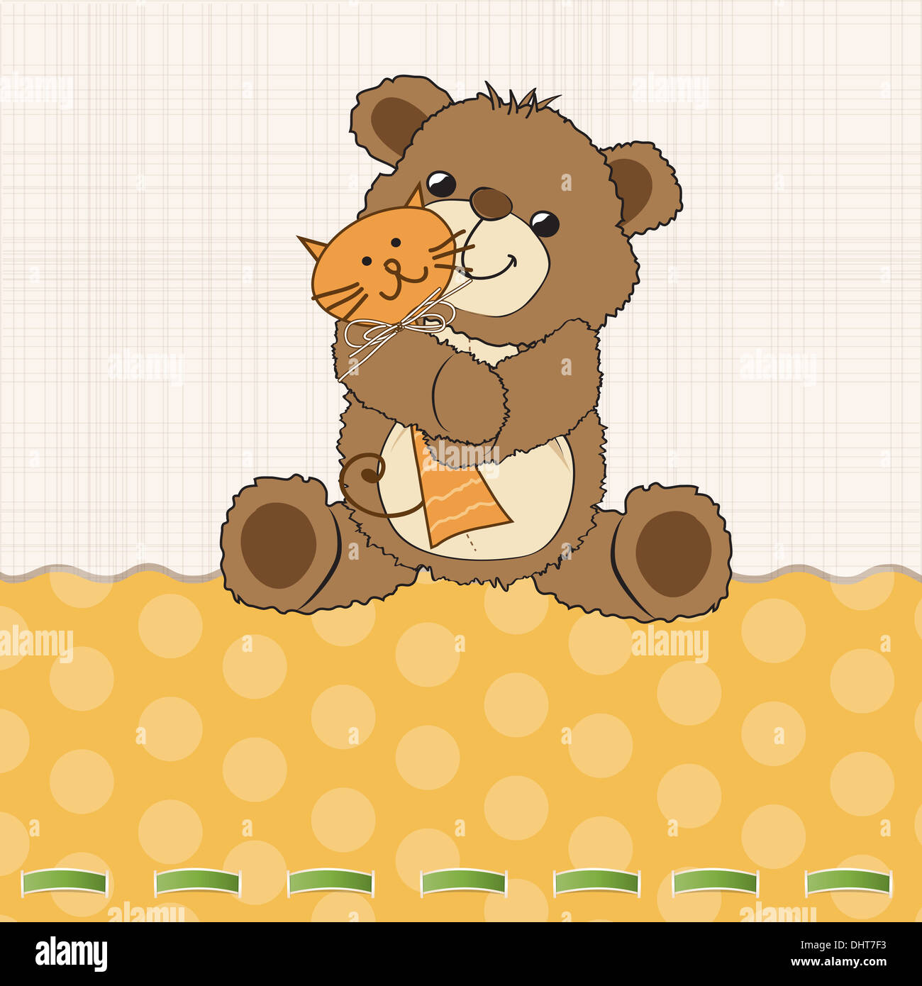 childish greeting card with teddy bear and his toy, vector illustration ...