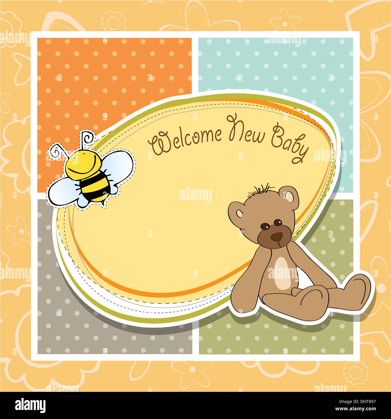 baby shower card with teddy bear toy, vector illustration Stock Photo ...