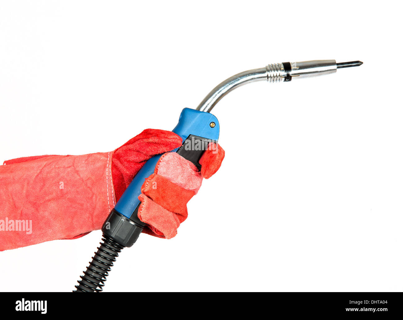 Hand holding welding gun silated on white Stock Photo - Alamy