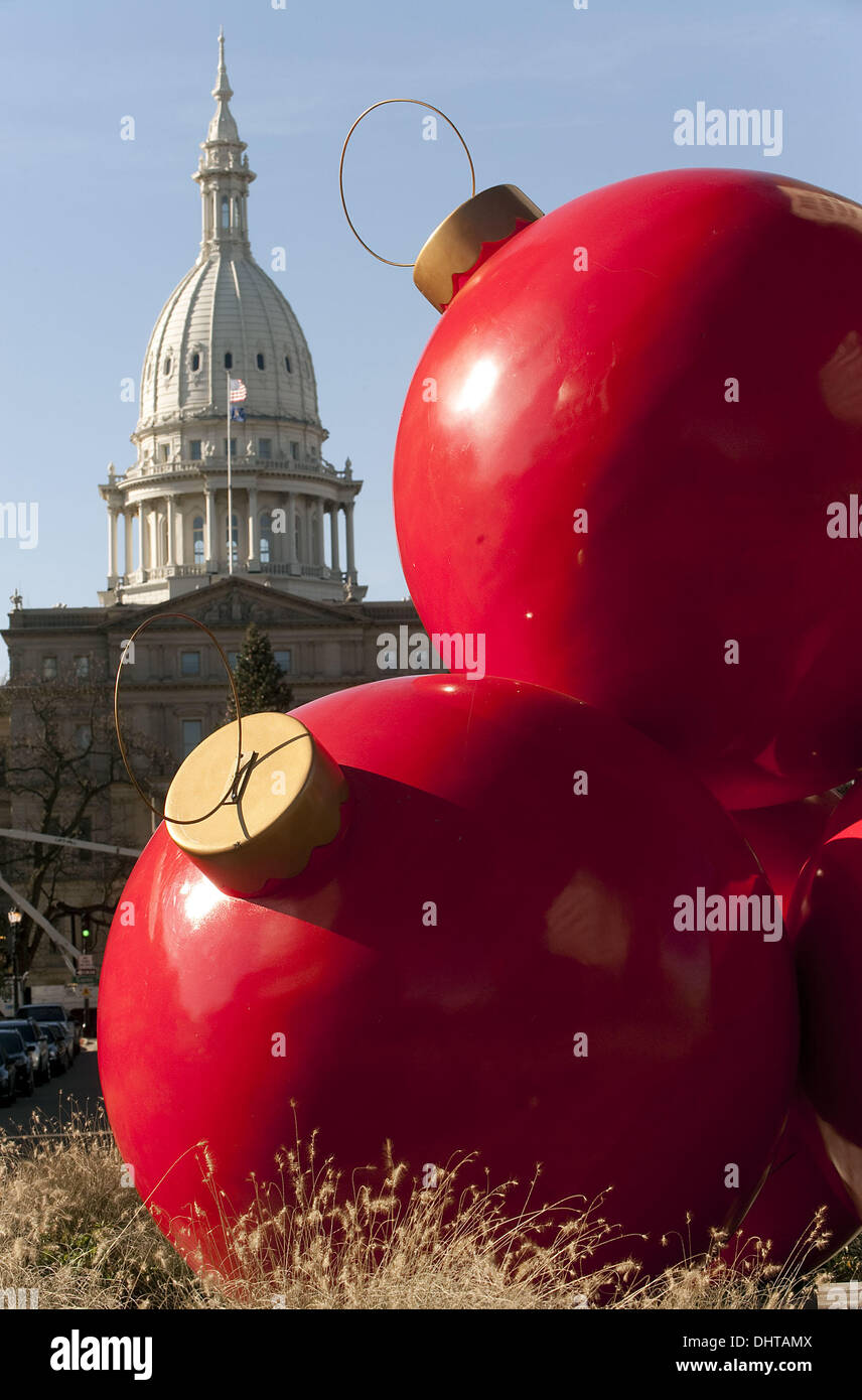 Lansing, Michigan, USA. 14th Nov, 2013. Giant red Christmas ornaments ...