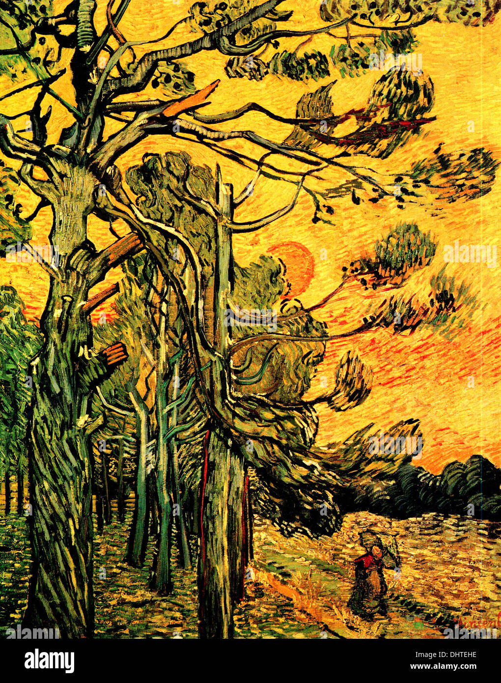 Pine Trees against a Red Sky with Setting Sun - by Vincent van Gogh ...