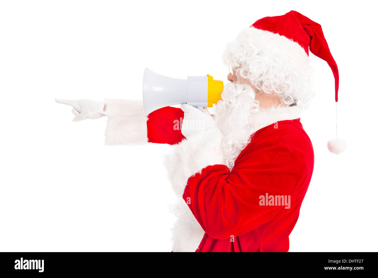 Santa Claus holding megaphone with pointing Stock Photo - Alamy