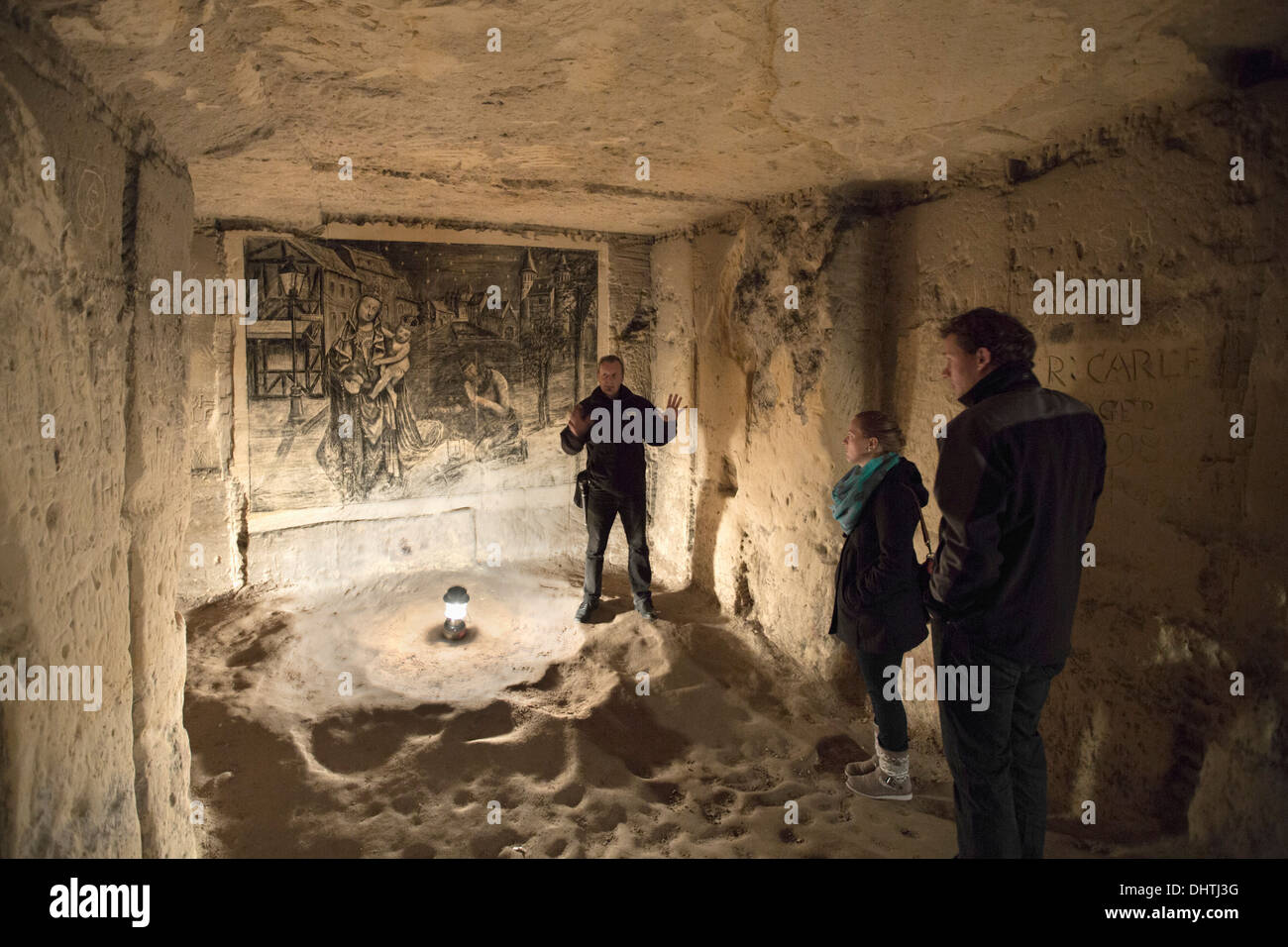 Netherlands, Maastricht, Charcoal drawing in caves of Sint Pietersberg ...