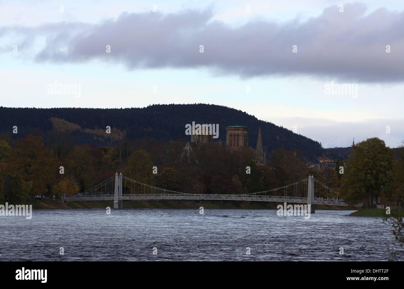Suspension bridge Inverness cathedral and River Ness Inverness Scotland ...