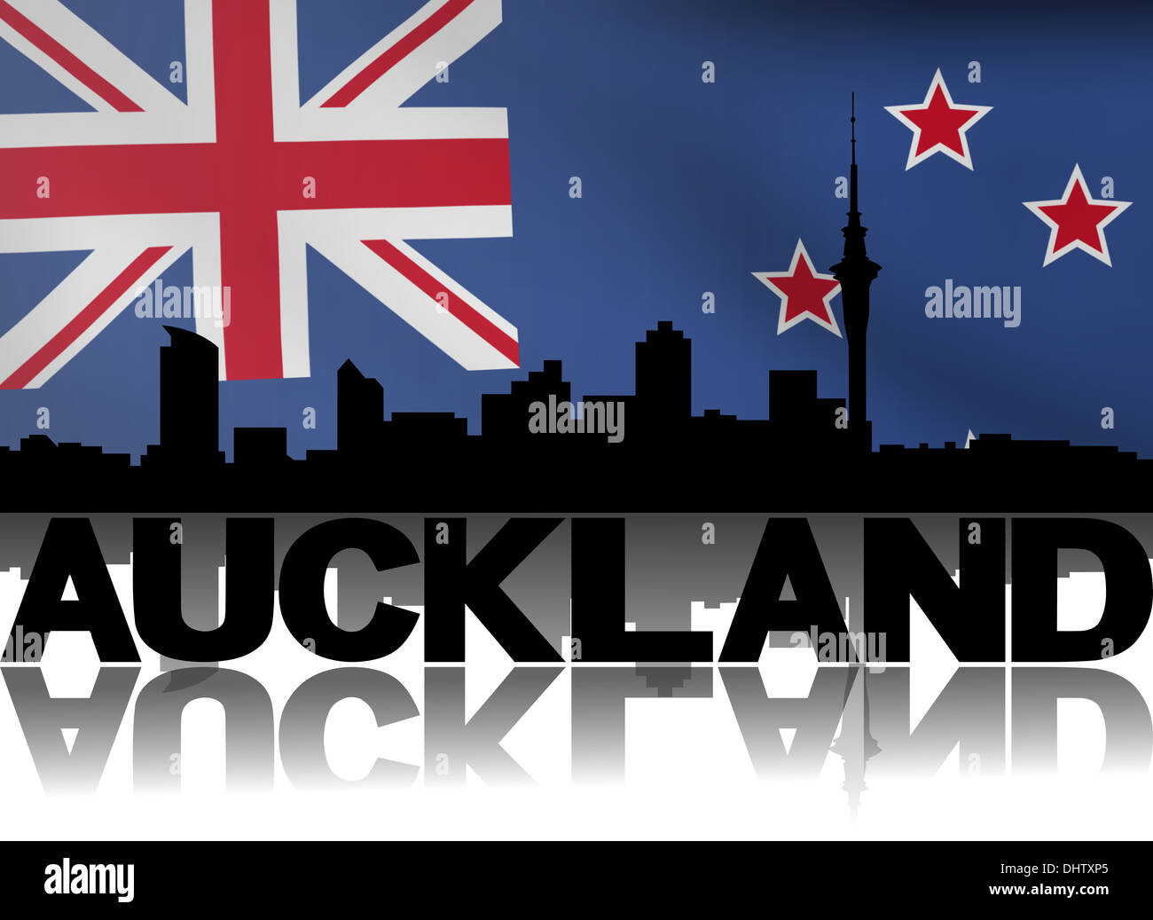 Auckland skyline and text reflected with rippled New Zealand flag ...