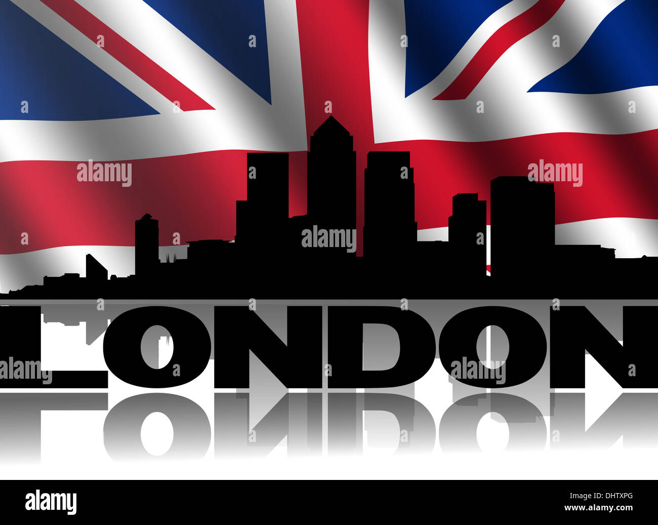 London Docklands skyline and text reflected with rippled British flag ...