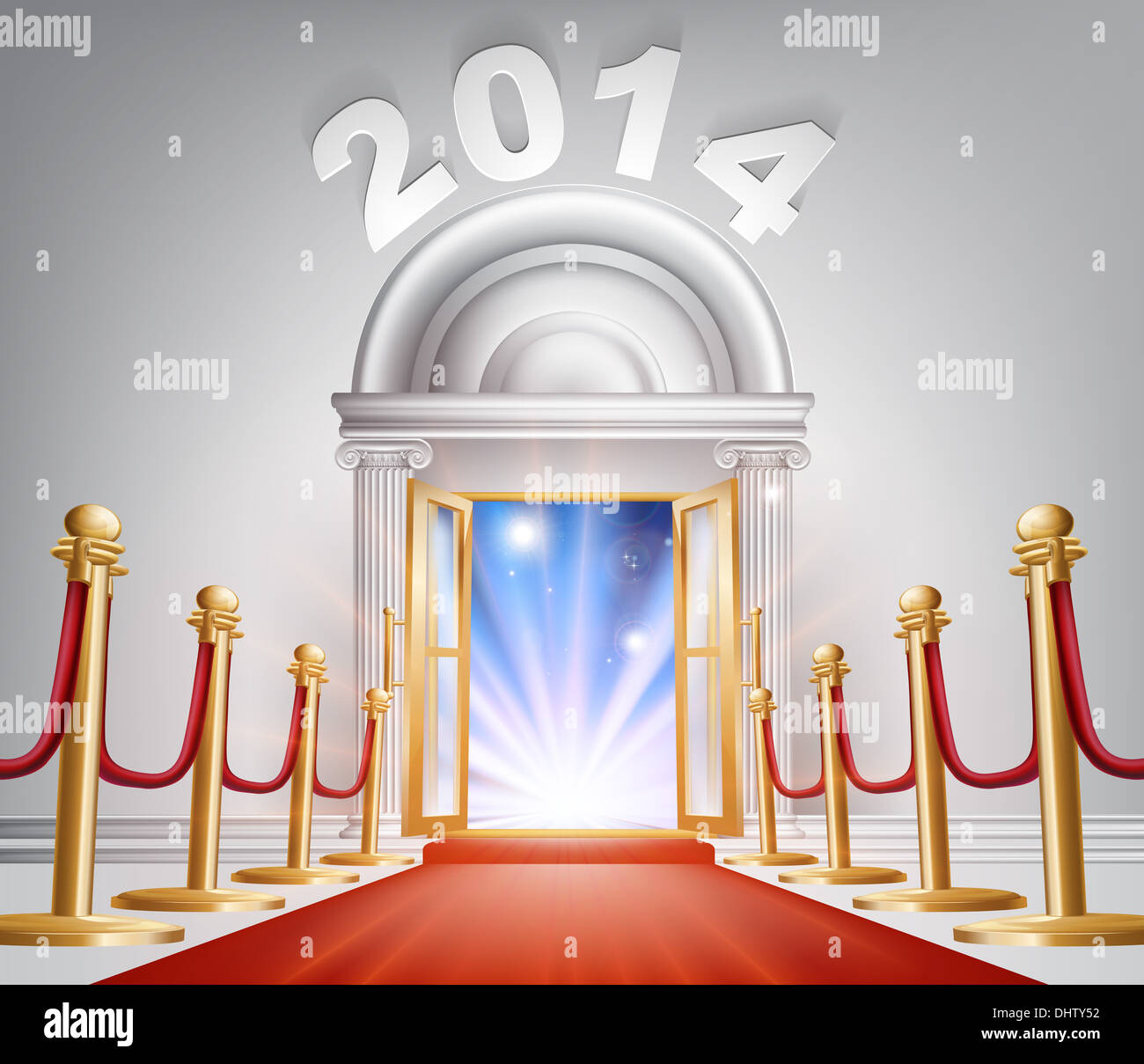Illustration of posh door with red carpet and numbers 2014 above it. A ...