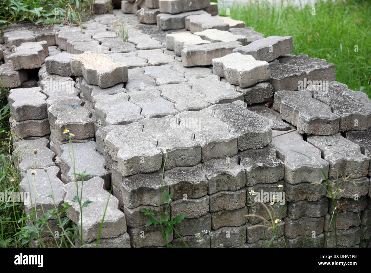 The bricks used in the construction placed on the grass beside the ...