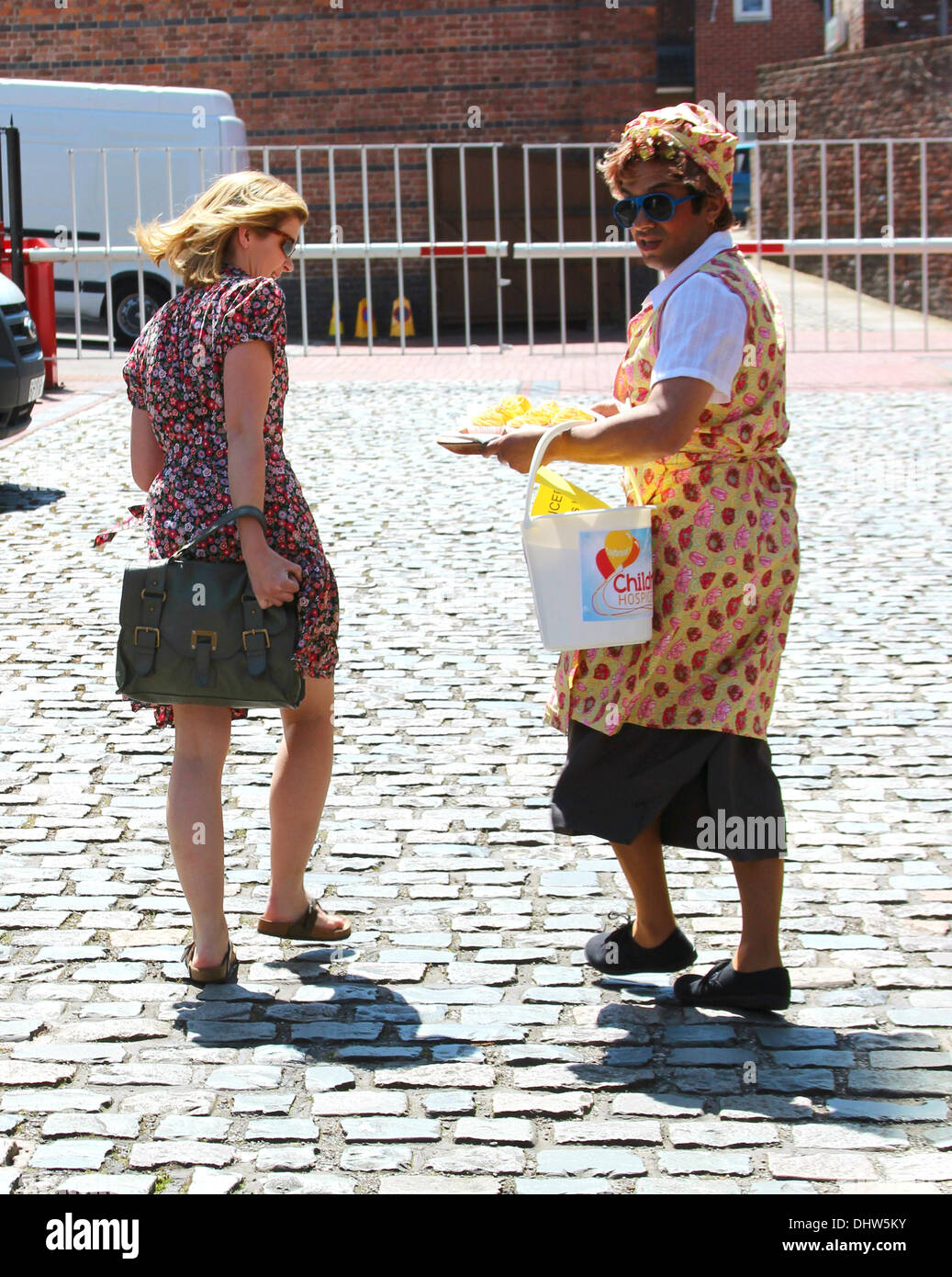 Jane Danson is approached by a Sports Aid fundraiser dressed as Ena ...