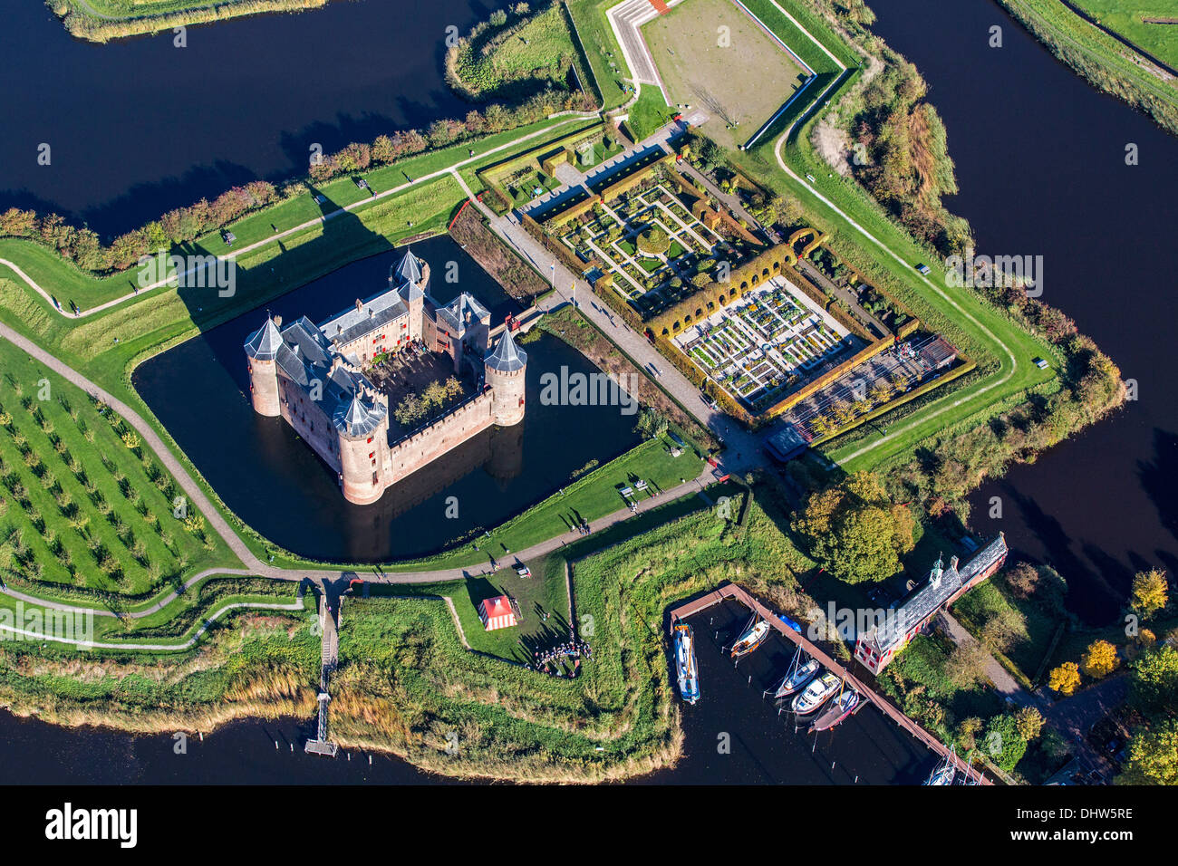Netherlands, Muiden, Castle called Muiderslot at mouth of river Vecht ...