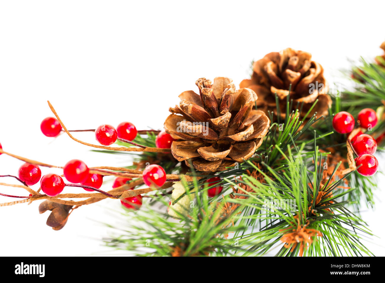 Christmas decoration with holly berry, cones and fir tree branch ...