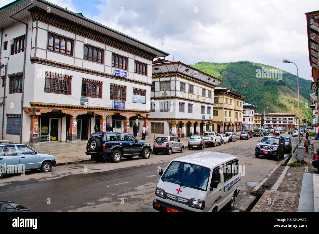 Paro,main street,traditional architecture,richly decorated buildings ...