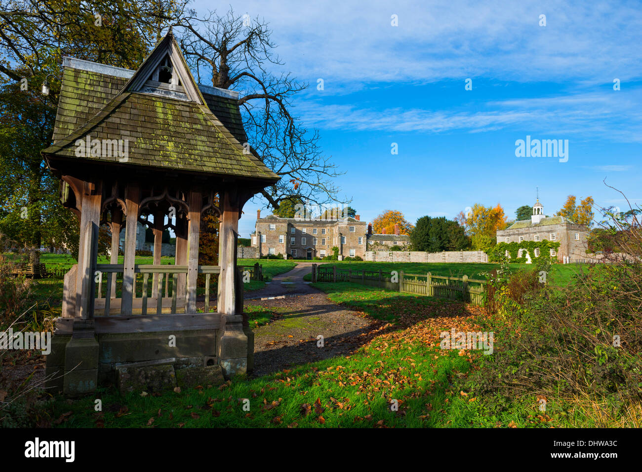 Autumn sunshine on 16th century Morville Hall, Dower house and lych ...
