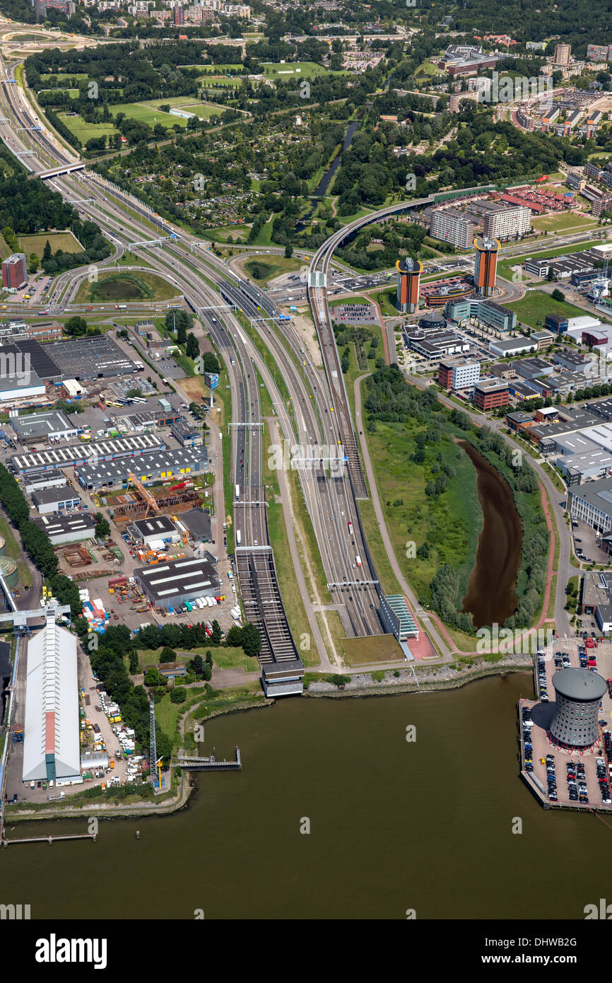 Netherlands, Rotterdam, A4 highway entering the Benelux Tunnel passing ...