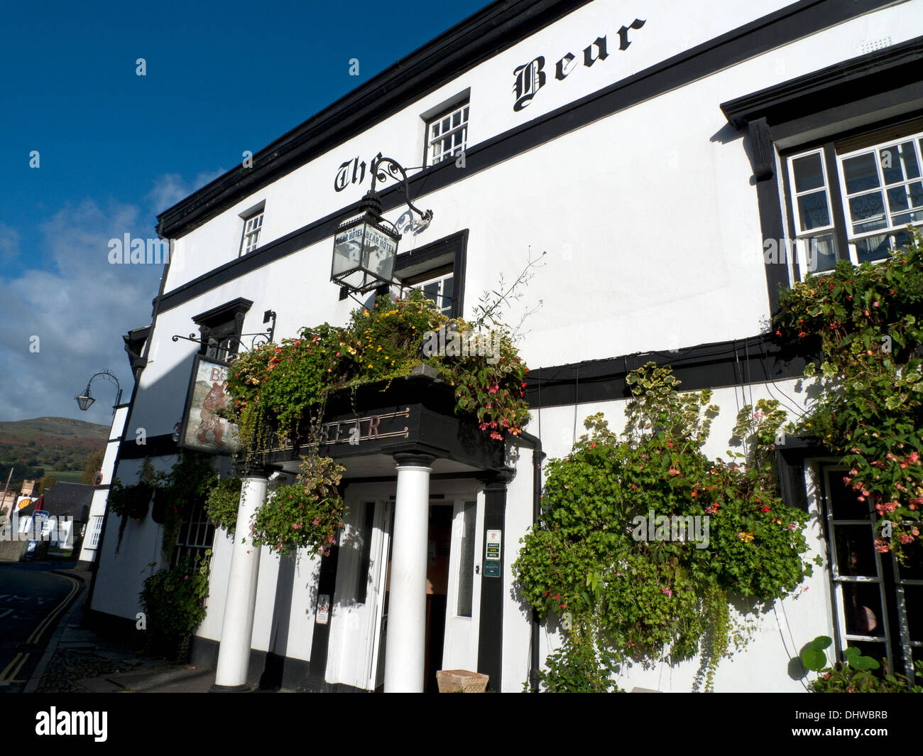 Exterior front view of The Bear Hotel and sign Crickhowell, Powys ...