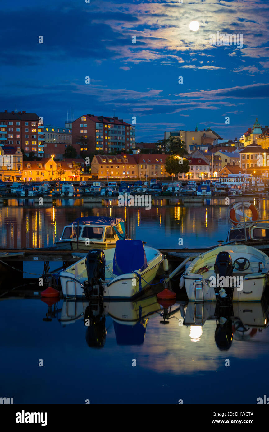 Moonrise over small boat marina in Karlskrona, Sweden Stock Photo - Alamy