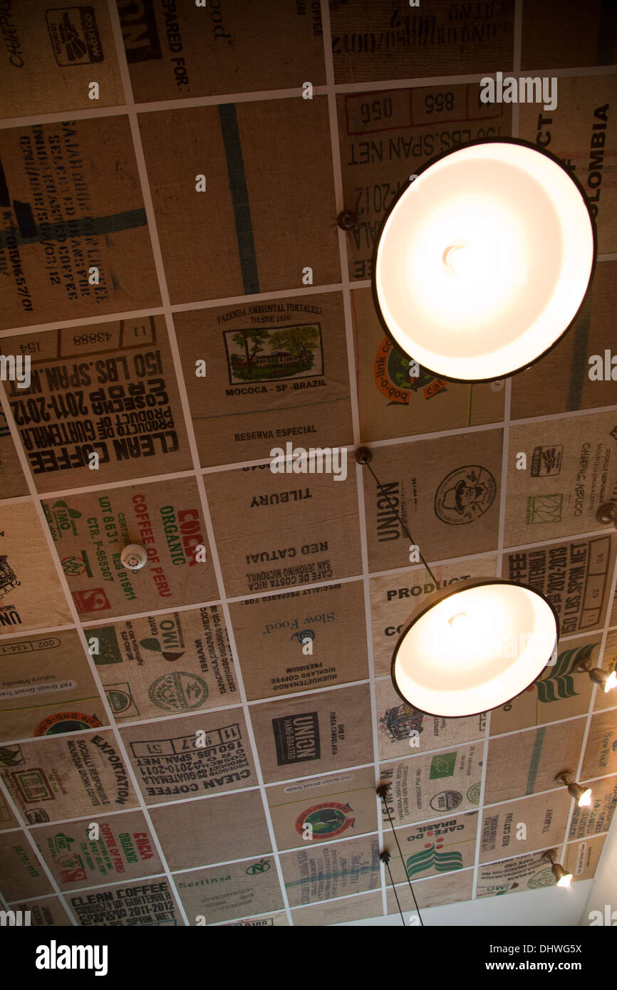 Coffee Bean Sacks Applied as Ceiling Surface at Brickwood Cafe in ...