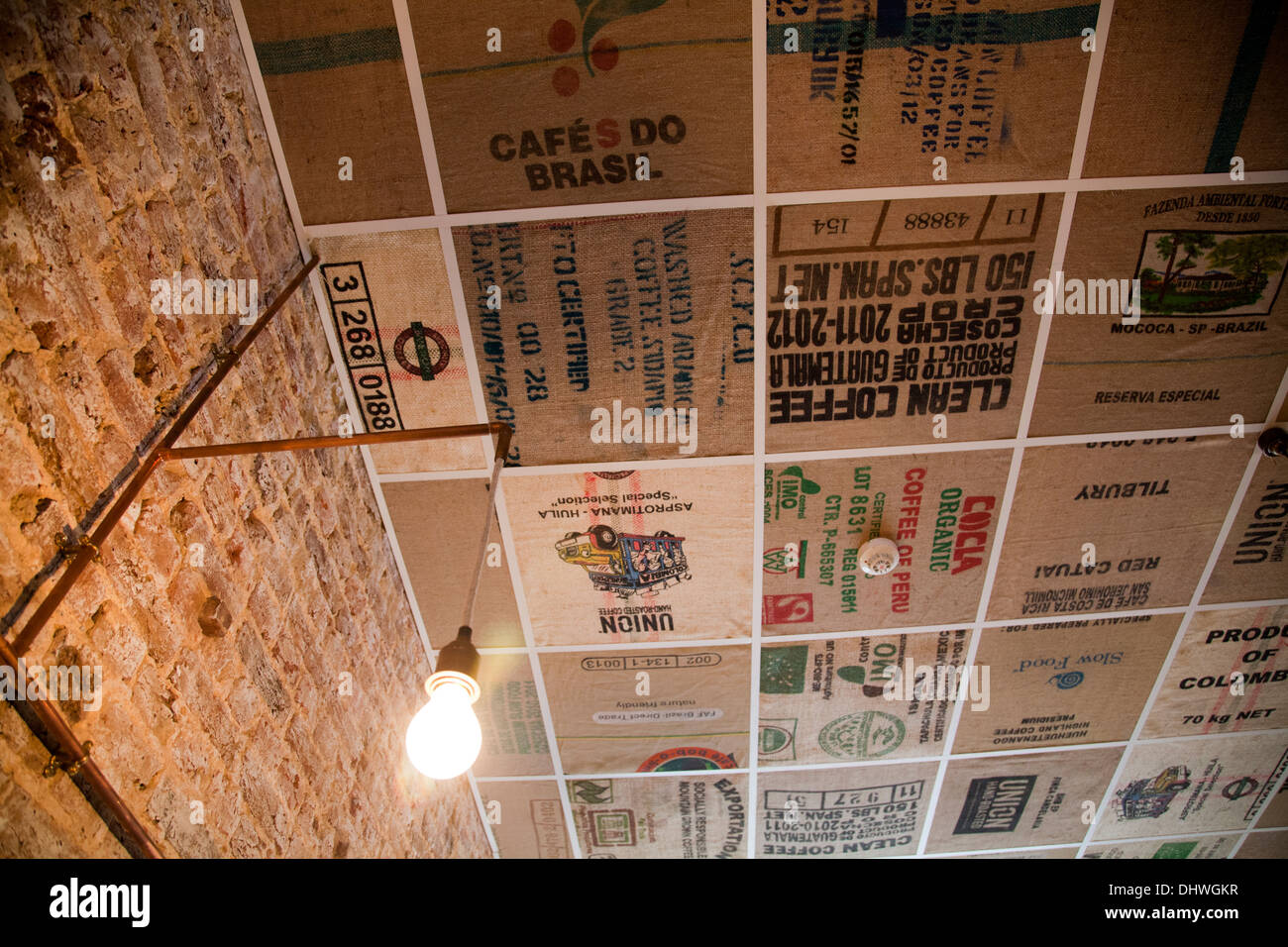 Coffee Bean Sacks Applied as Ceiling Surface at Brickwood Cafe in ...